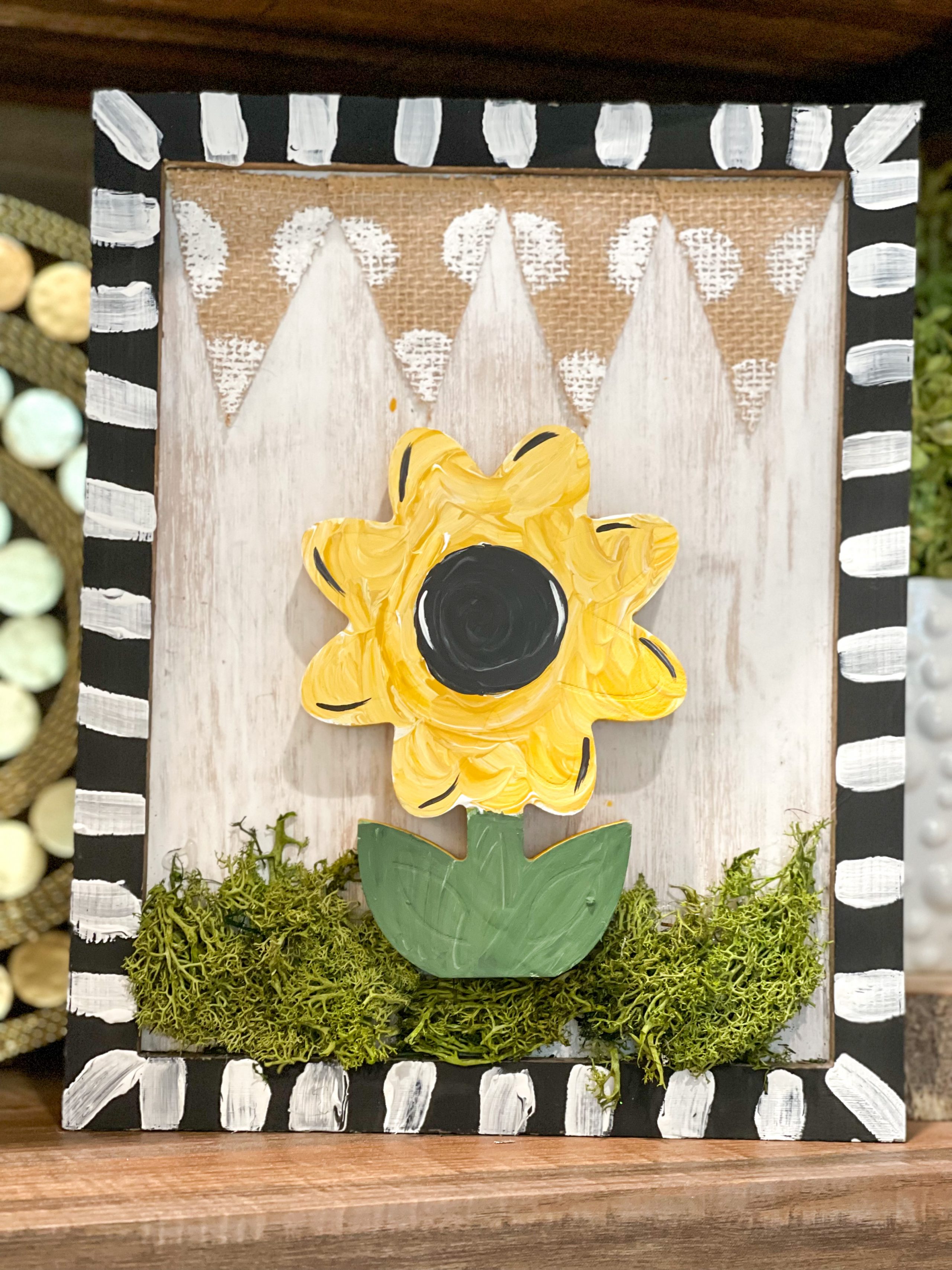 painted sunflower sign with burlap banner - Re-Fabbed