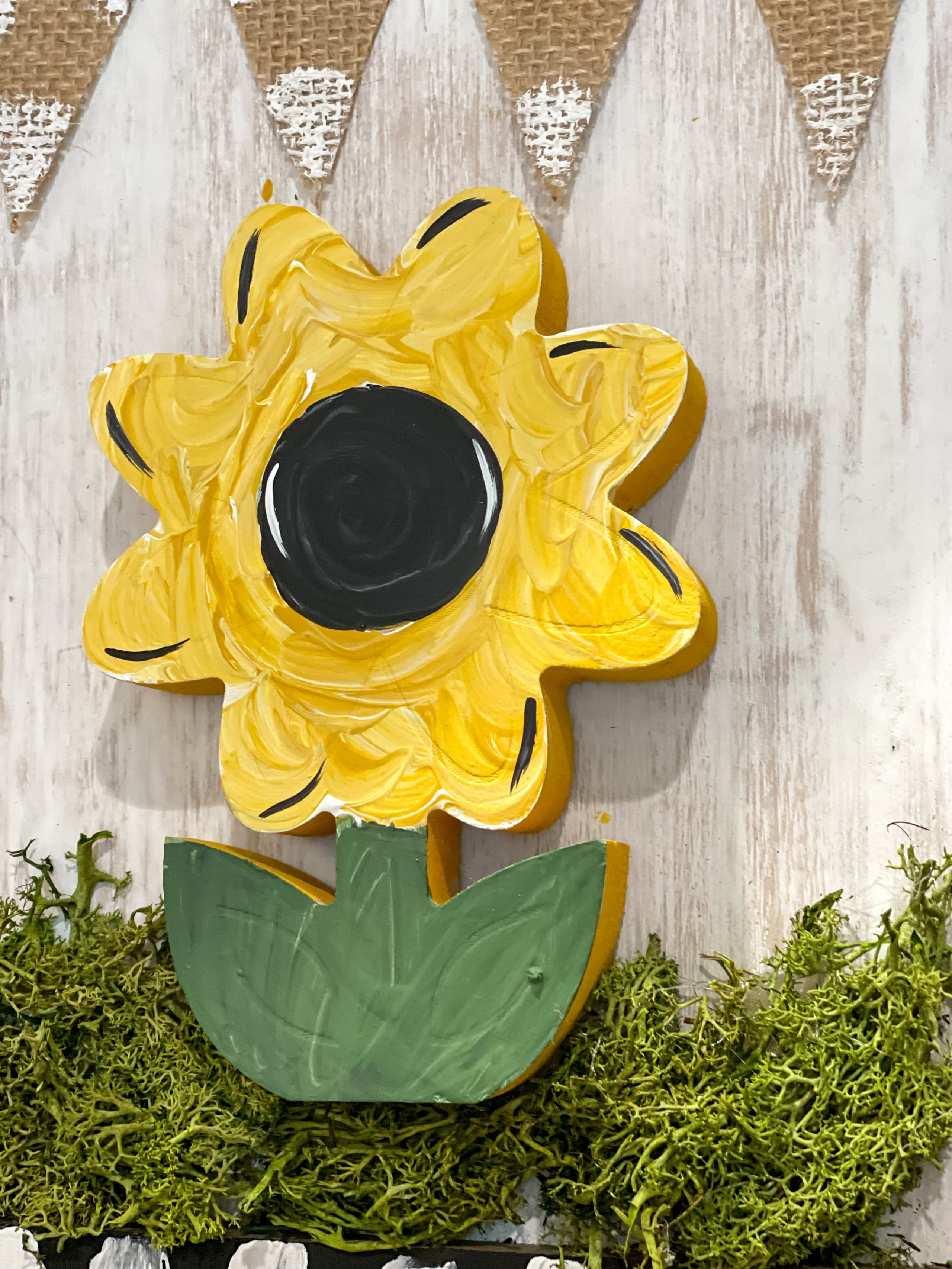 painted sunflower sign with burlap banner - Re-Fabbed