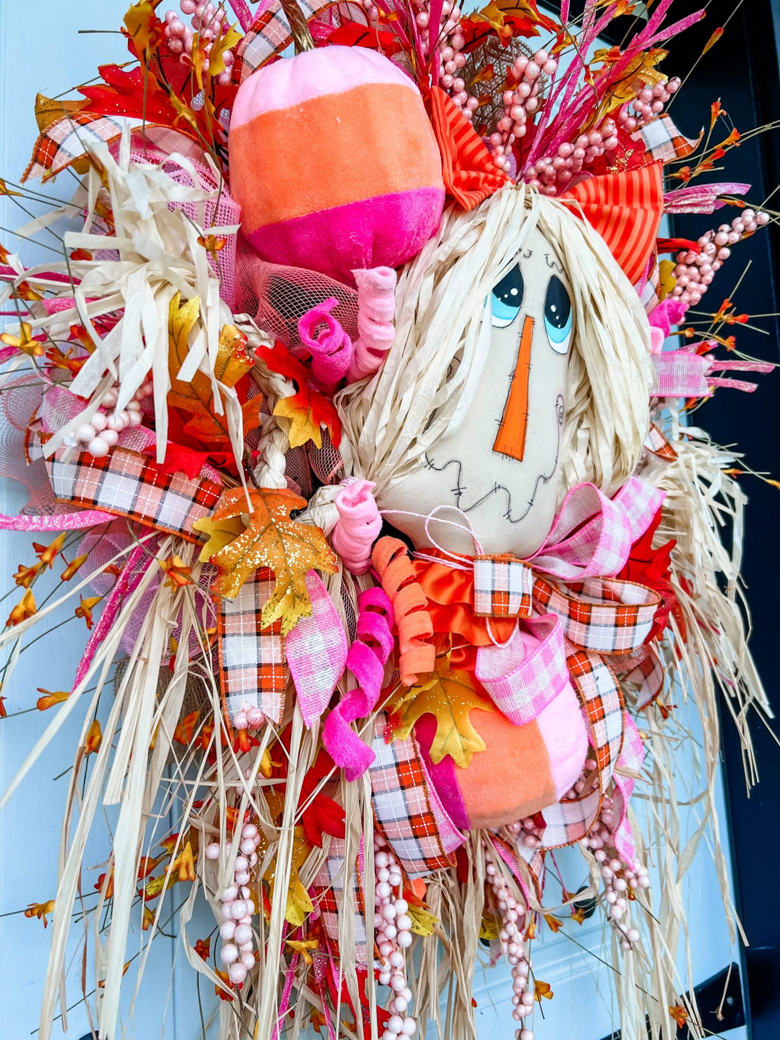 pink and orange inspired scarecrow fall wreaths - Re-Fabbed