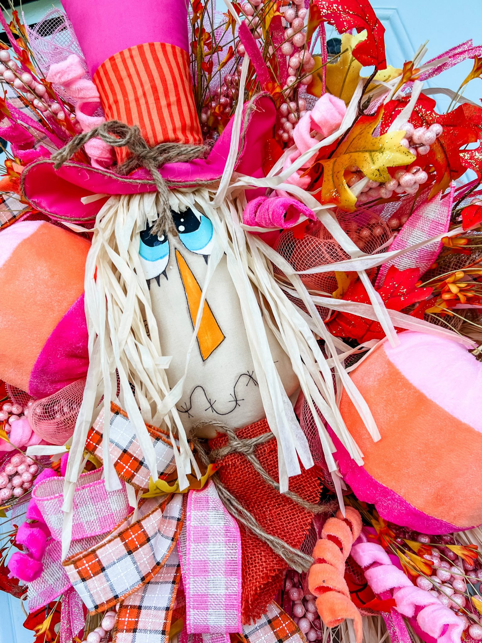 pink and orange inspired scarecrow fall wreaths - Re-Fabbed